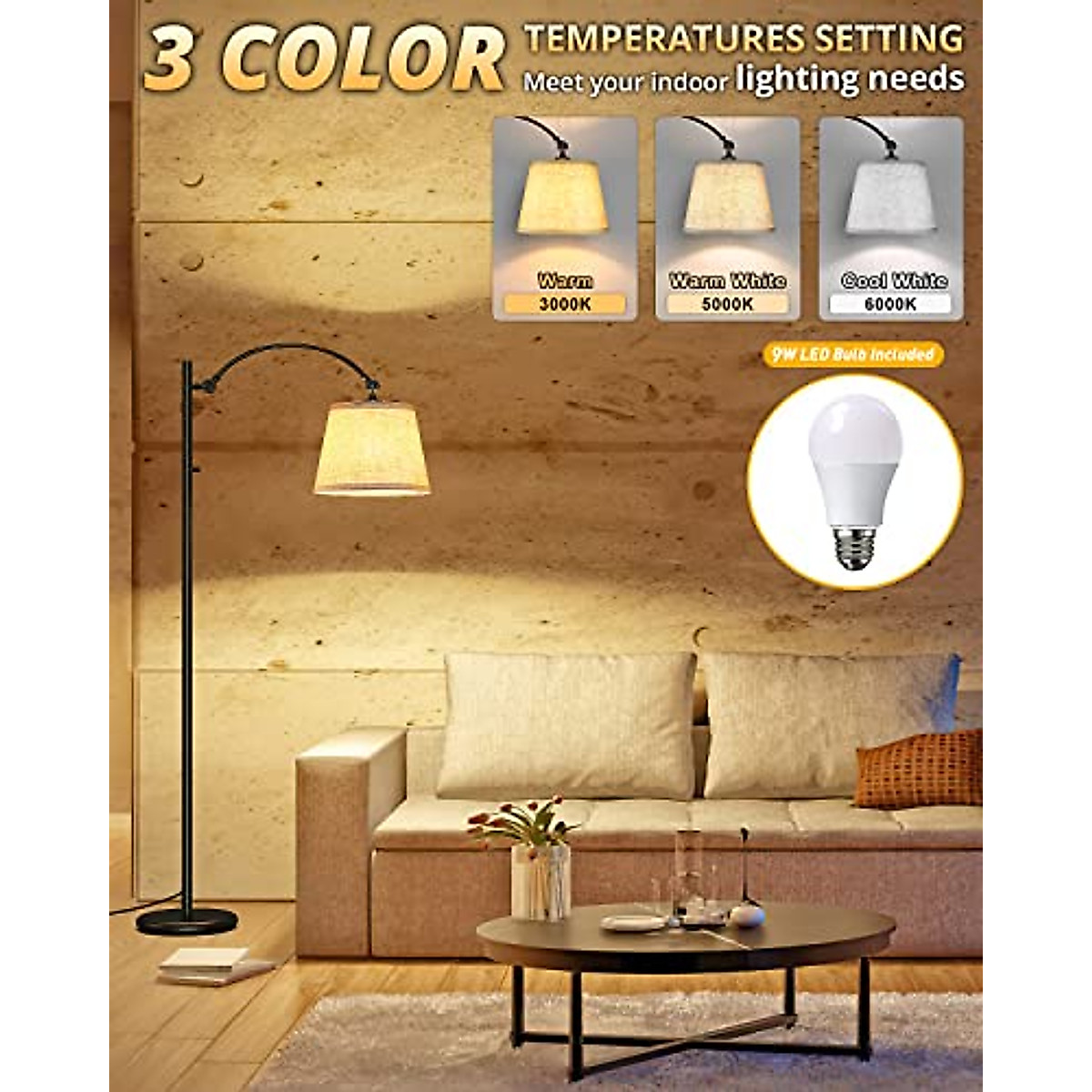 Floor Lamp for Living Room，Modern Lamp with Rotary Switch, Adjustable Tall Standing Reading Lamp with Hanging Linen Shade for Bedroom, Office, Black（3 Color Temperatures Bulb Included ）