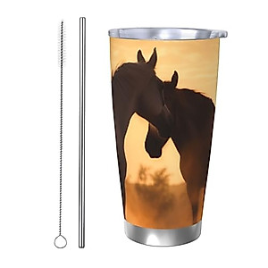 Horses in Love Tumbler with Lid and Straw 20oz Stainless Steel Car Cup for Hot and Cold Drinks, Double Wall Insulated Travel Coffee Mug Reusable Drink Thermos Cup Birthday Gifts