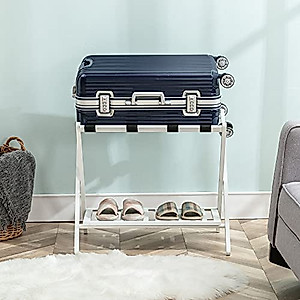 Zoopolyn Luggage Rack with Storage Shelf for Guest Room Folding Suitcase Bamboo Stand Hotel Bedroom White