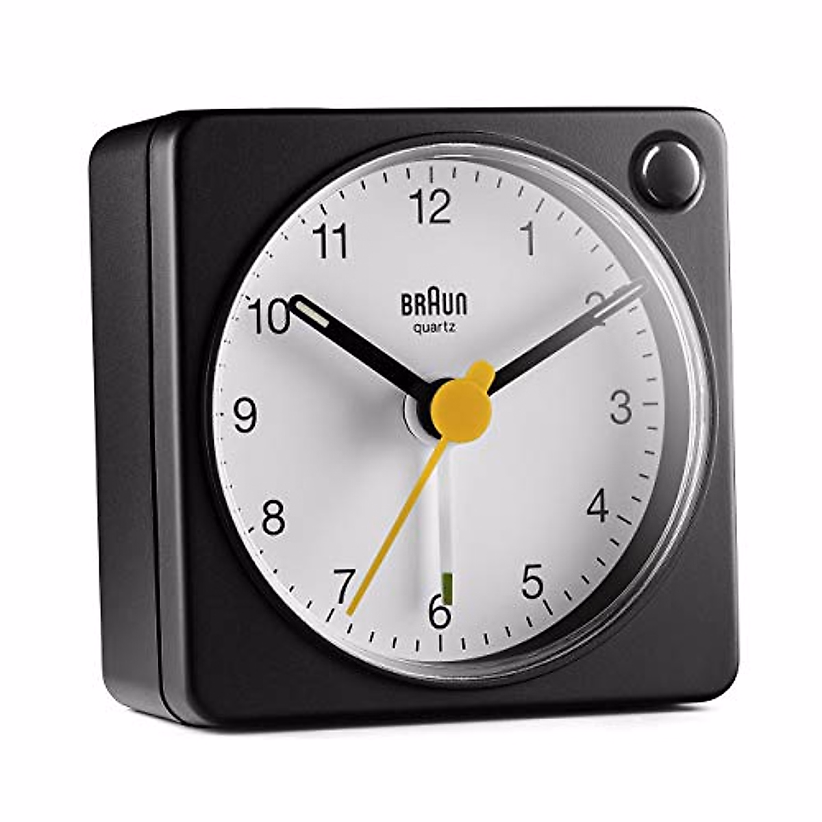 Braun Classic Travel Analogue Alarm Clock with Snooze and Light, Compact Size, Quiet Quartz Movement, Crescendo Beep Alarm in Black and White, Model BC02XBW.