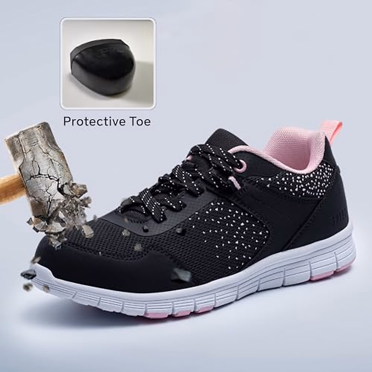 SPIEZ Lightweight Composite Toe Safety Shoes for Women, Non-Slip Puncture Proof Work Shoes for Ladies, Breathable Safety Toe Sneakers for Work and Daily Wear (Women Size 7) Black-Pink