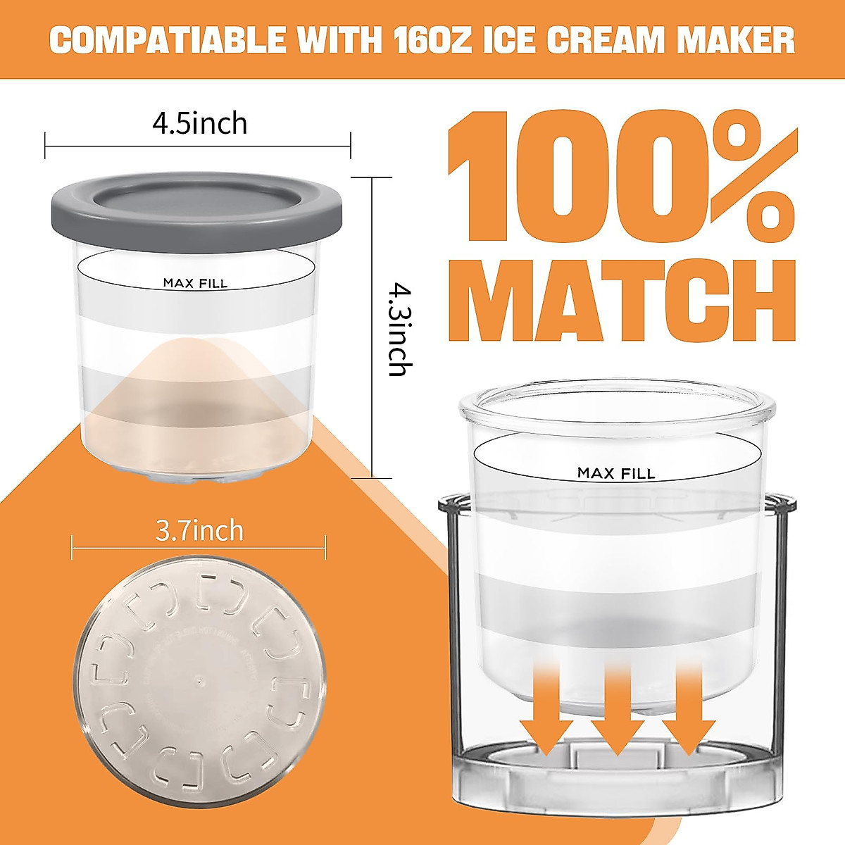 Replacement Containers - 4 Pack 16oz, Pints and Lids, Ice Cream Maker Machine Accessories, Compatible with Ice Cream Making Machines- 16oz, Dishwasher Safe