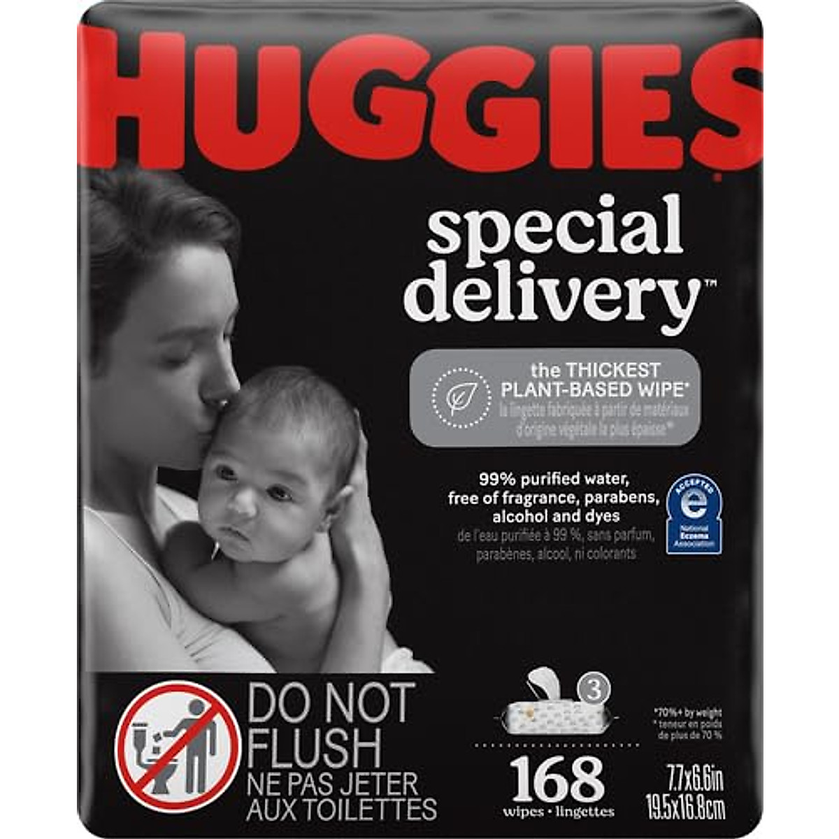 Hypoallergenic Baby Wipes, Unscented, Huggies Special Delivery Baby Diaper Wipes, Safe for Sensitive Skin, 99% Purified Water, 3 Push Button Packs (168 Wipes Total)