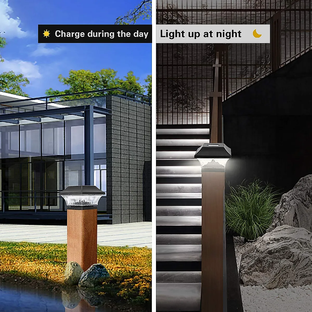 SUNWIND Solar Post Cap Lights Outdoor - 4 Pack LED Fence Lights for 4X4 & 5X5 Wooden Posts Warm White Waterproof for Deck, Patio or Garden Decoration (Black)