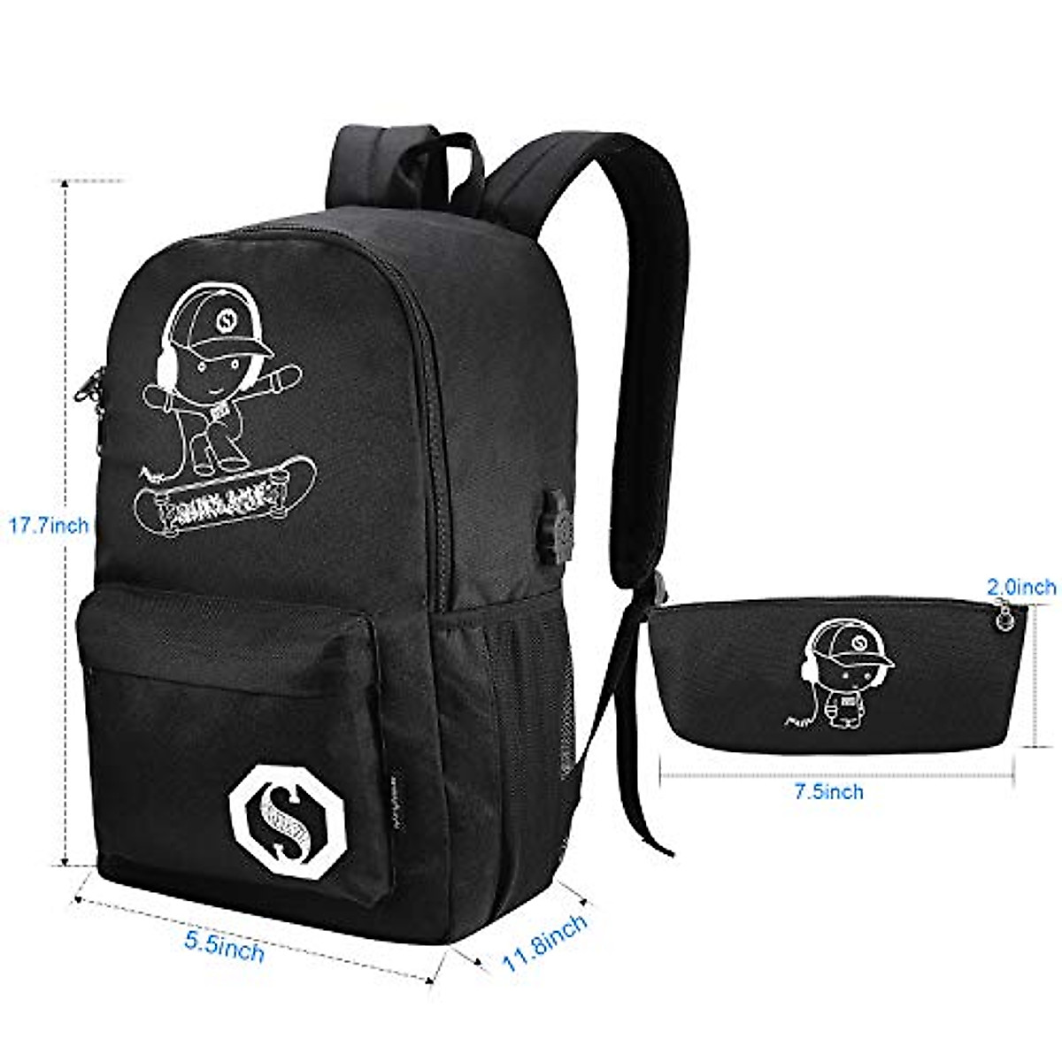 Pawsky Skateboard Anime Luminous Backpack School Backpack with USB Charging Port, Anti Theft Lock and Pencil Case for Teen Boys and Girls, College School Bookbag Lightweight Laptop Bag, Black