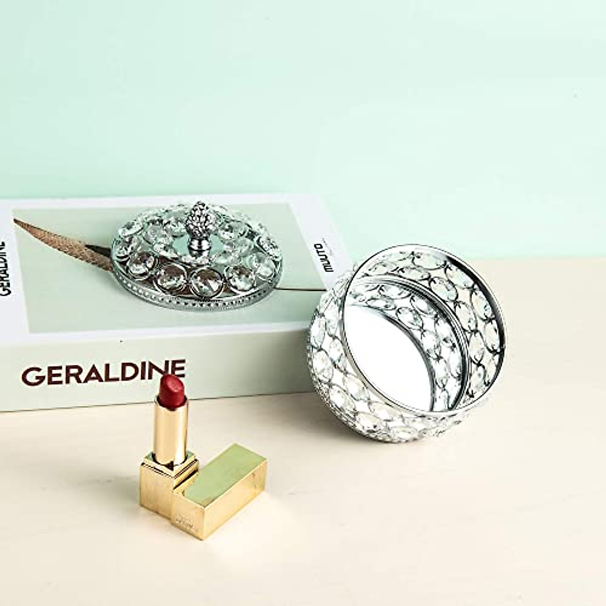 Feyarl Clear Crystal Jewelry Trinket Box Organizer Earrings Rings Treasure Storage Keepsake with Glass Mirror Surface Inside for Dresser Room Deco Valentine Christmas Birthday Gift (Silver)