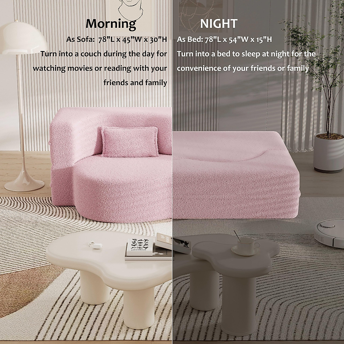 KEIKI Modern Floor Sofa with 2 Pillows,Convertible Teddy Fabric Foam-Filled Sleeper Sofa Bed,15" Full Size Folding Mattress for Living Room, Guest Bed, Playroom,no assembly required,Pink