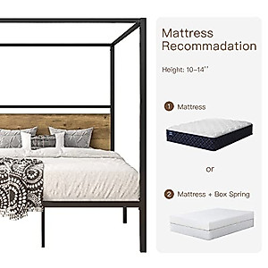 ikalido Queen Size Metal Canopy Bed Frame with Wooden Headboard, Classic Design Canopy Bed with 4 Sturdy Posters, Noise Free/No Box Spring Needed/Industrial Brown