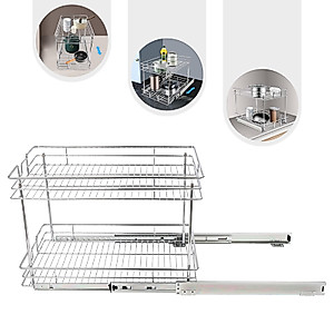 BILPIKOGoo 2-Tier Pull Out Cabinet Organizer(13.5" W X 21.5" D), Slide Out Basket Kitchen Cabinet Organizer, Cabinet Pull Out Shelves, Kitchen Cabinet Storage Sliding Shelves