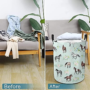 Floral Horse Pattern Laundry Basket Laundry Hamper Collapsible Storage Bin Oxford Fabric Clothes Baskets Nursery Hamper For Home,Office,Dorm,Gift Basket