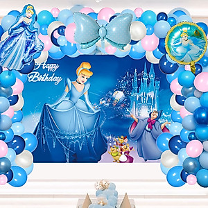108 Pcs Cinderella Themed Party Decoration Balloon Garland Set Cinderella Birthday Party Supplies Includes Happy Birthday Background, 100 Latex Balloons, 5 Foil Balloons for Kids Birthday Party