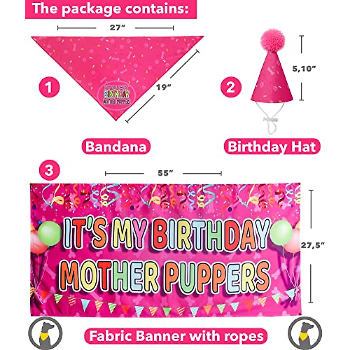 Odi Style Dog Birthday Party Supplies - Dog Birthday Girl Gift Set - Dog Birthday Bandana for Large, Medium Dogs, Puppy, Dog Party Hat and Cute Dog Birthday Banner, Pink