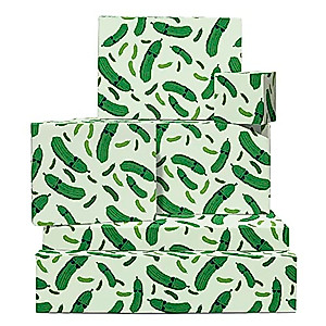CENTRAL 23 Green Wrapping Paper - 6 Sheets of Birthday Gift Wrap with Tags - Pickles - Cucumber - For Men Women Girls Boys - Comes with Fun Stickers - Recyclable
