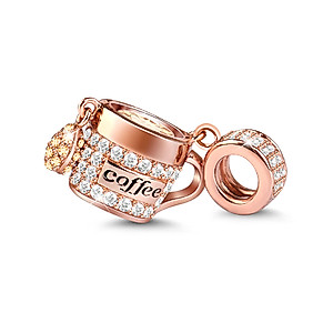 GNOCE Rose Gold Coffee Cup Pendant Charms for Bracelet/Necklace 925 Sterling Silver Dangle Charms For Women Mom Daughter Wife Jewelry Gift