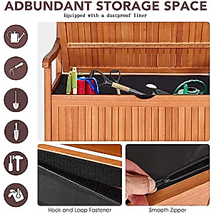 HAPPYGRILL Outdoor Storage Bench Wooden Deck Box with Removable Dustproof Liner, 33 Gal Wood Storage Loveseat Seating Furniture for Courtyard Garden Poolside