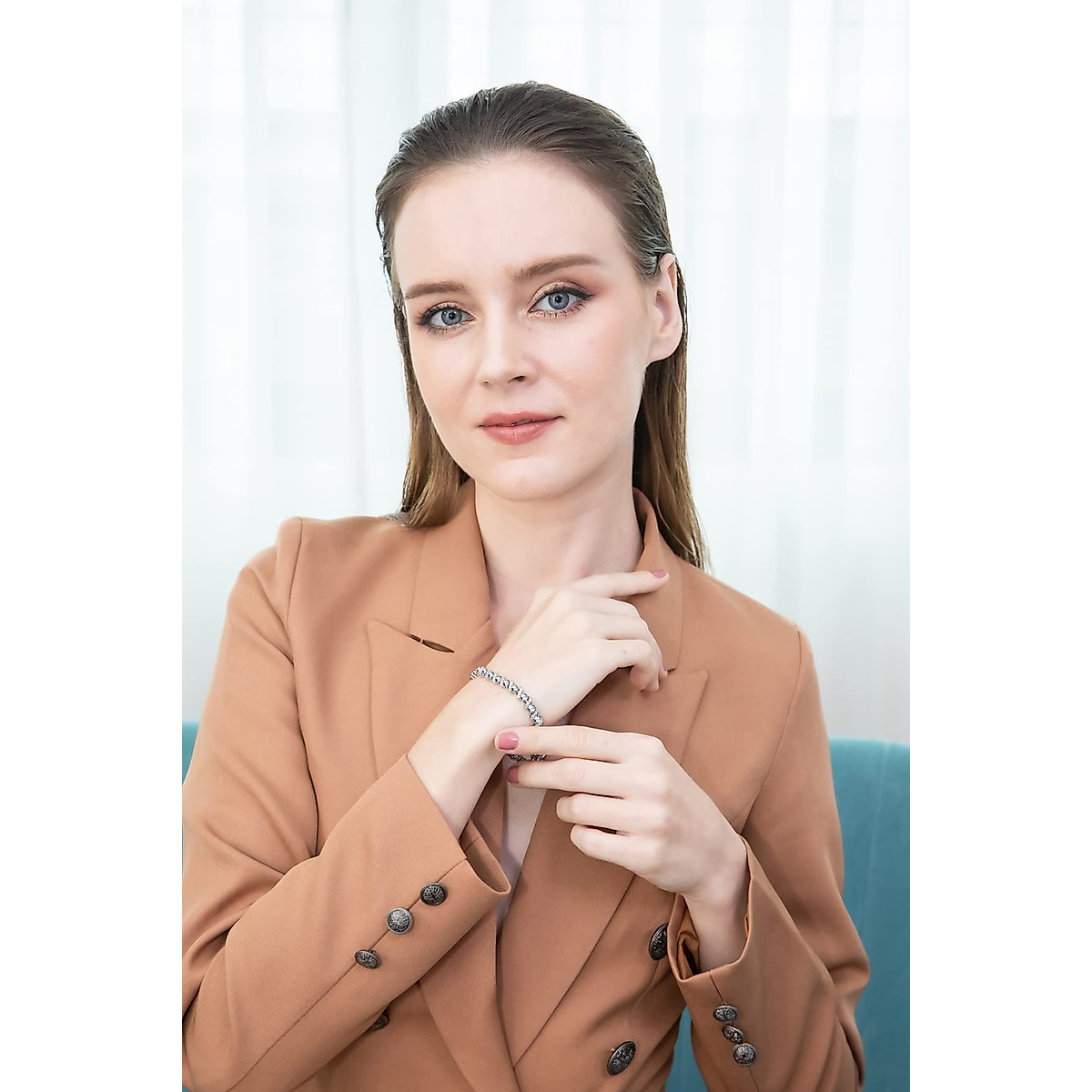 B. BRILLIANT Sterling Silver Aquamarine 4mm Round-Cut S Design Tennis Bracelet with White Topaz Accents