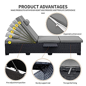 Outdoor PE Wicker Chaise Lounge for Outside - 2 Piece Patio Furniture Set Black Rattan Reclining Chair Beach Pool Adjustable Backrest Sunbathing Recliners with Gray Cushions