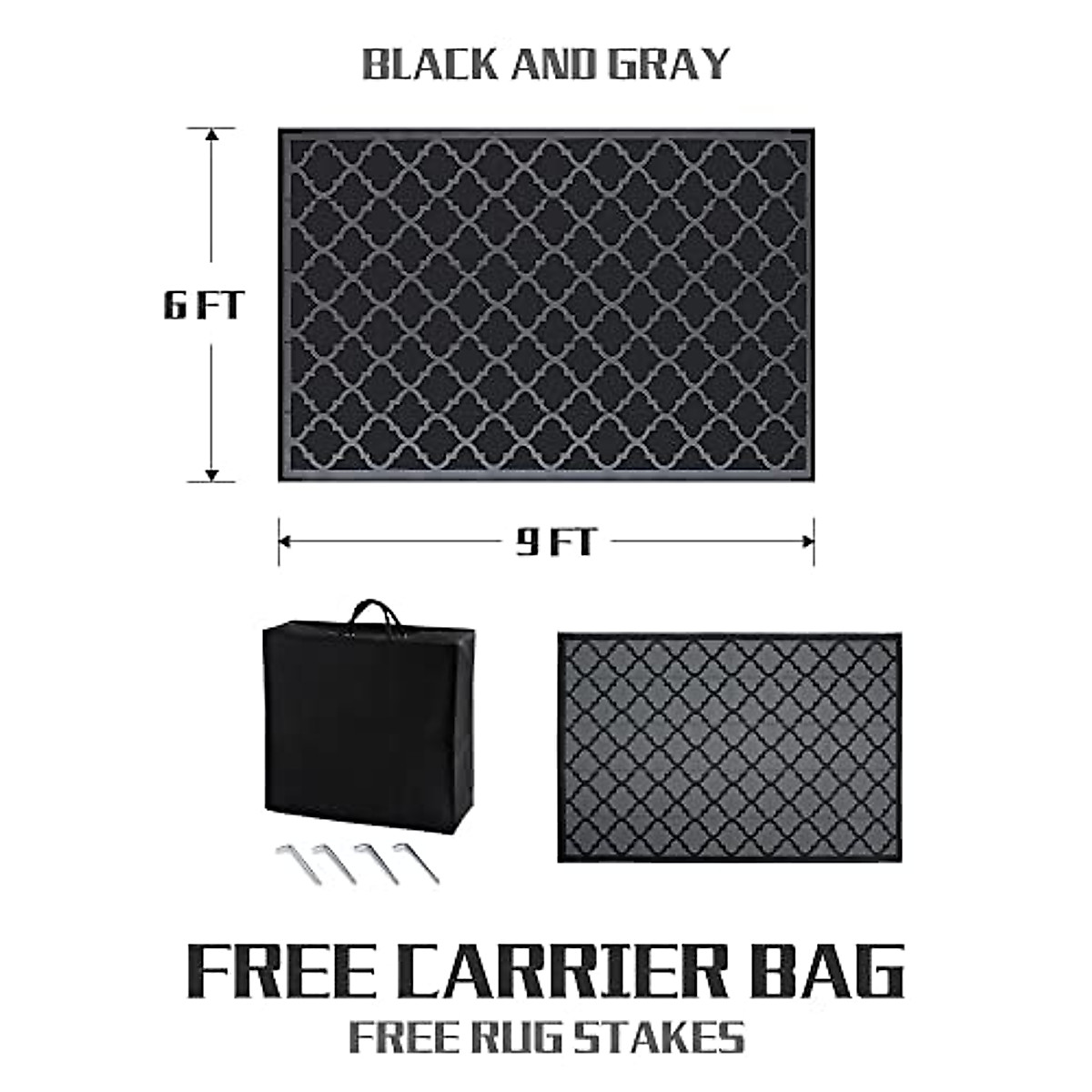 RVOLST Outdoor Rug Carpet Waterproof 6x9 ft-Patio Rug Reversible Portable RV Camping Rug Mat-Plastic Straw Outdoor Rug for Patio Decor Outside Rug for Picnic Balcony-Black and Gray