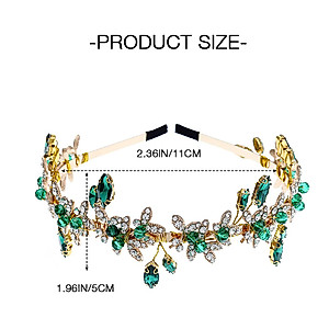 JEAIRTS Green Rhinestone Headband Gold Leaf Wedding Headpiece Bridal Crystal Hair Pieces Beaded Hair Hoop Glitter Bride Hair Accessories for Women and Girls
