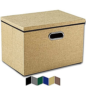 Golden Bauhinia Stackable Large Storage Bins with Lids, Foldable Linen Fabric Storage Bins, Collapsible Cubes Baskets Container, Closet Organizers (17.3’’x 11.8’’x 11.6’’) (Large 1-Pack, Khaki)