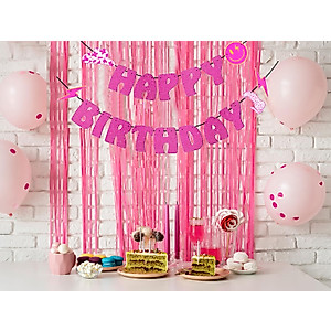 Hot Pink Happy Birthday Banner Preppy Happy Face Leopard Party Favors for Kids Teens Girls Birthday Bachelorette Early 2000s Theme Party Y2K Party Hippie Party Decorations