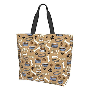 Bxuoe Cute Dog Bone Bowl Woof Paw Print Waterproof Tote Bag Women Large Capacity Shoulder Grocery Shopping Bags, One Size