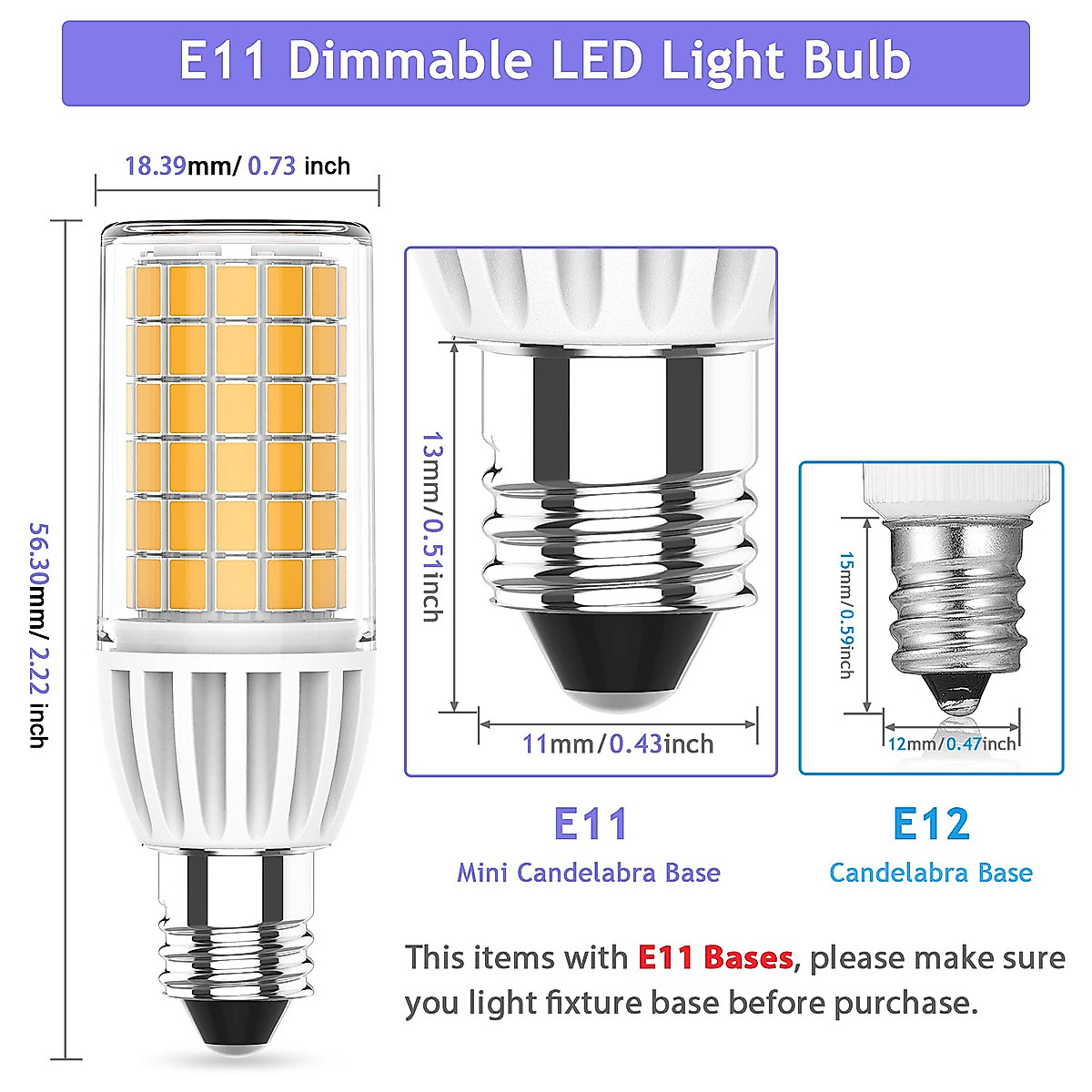 E11 LED Bulb Dimmable 5W, 60W E11 Halogen Bulb Replacement, UL CUL Listed, Warm White 3000K, E11 Bulb Mini Candelabra Base, JD T3/T4 360 Degree Beam Angle E11 Light Bulb for Indoor Lighting, 5Pack