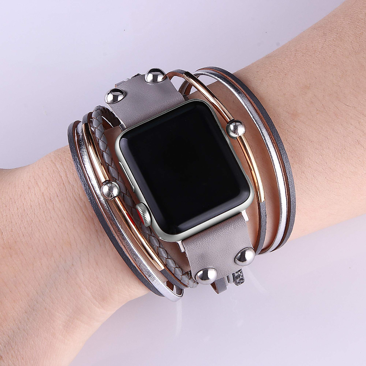 VIKOROS Multi-Layer Leather Wrap Bracelet Compatible with Apple Watch Ultra SE Series 8 7 6 5 4 3 40mm 38mm 41mm for Women Mens, Boho Stylish Cuff Bangle Watch Strap for Iwatch Bands , Silver Grey