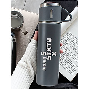 [steel Luxurious gift package] Double-wall stainless steel vacuum thermos flask with Silicone Handle and Insulated lid set with 2 stainless steel cups for hot and cold beverages(Beige)