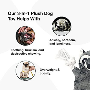 Maestro Pets No Stuffing Dog Toys, Crinkle Dog Toys, 3 in 1 Plush Dog Toys with Rope Legs, Squeakers and Crinkle Paper, Dog Rope Squeaky Toys for Puppies, Small, and Medium Dogs (Raccoon)