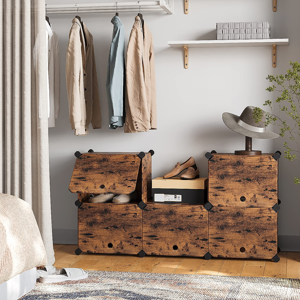 SONGMICS Shoe Rack, 10-Slot Storage Organizer Unit with Doors, Portable Cube Shoe Storage Organizer, Plastic Modular DIY Storage Shelf, Closet Divider for Clothes Bags Toys, Rustic Brown ULPC506A01