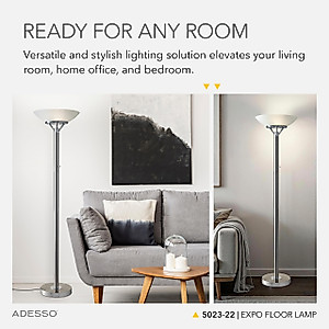 Adesso 5023-22 Expo 300W Torchiere, 71.5 in, 2 x 150W Incandescent/LED, Brushed Steel/Chrome Finish, 1 Floor Lamp