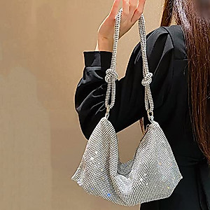 Rhinestone Hobo Bag for Womens Chic Sparkly Evening Handbag Clutch Bag Shiny Purse for Party Club Wedding (Silver)