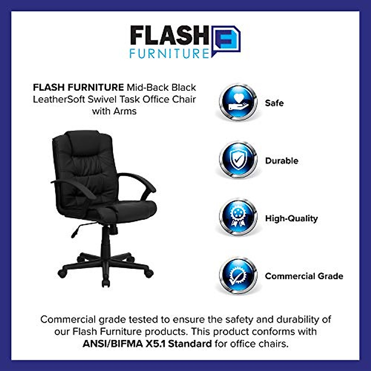 Flash Furniture Lindon Mid-Back Black LeatherSoft Swivel Task Office Chair with Arms