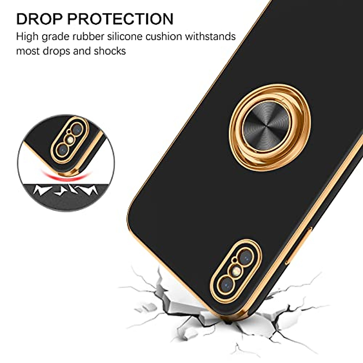 BENTOBEN iPhone Xs Case, Phone Case iPhone X, Slim Fit Sparkly Kickstand Ring Holder Design Shockproof Protection Soft TPU Bumper Drop Protective Girls Women Boys iPhone Xs/X 5.8" Cover, Black/Golden