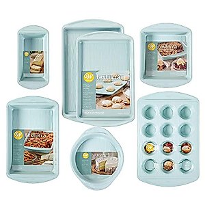 Wilton Texturra Performance Non-Stick Bakeware Baking Pans Set - Versatile Baking Set with Unique Texture to Encourage Airflow for Even Heating, Blue, 7-Piece