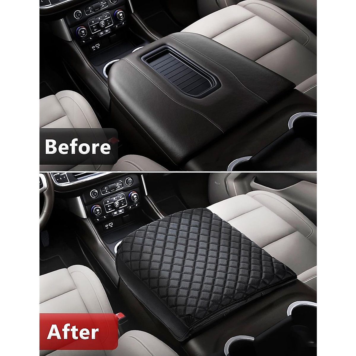 KBH Center Console Armrest Cover for Chevy Chevrolet Silverado, GMC Sierra 2019-2024, Tahoe, Suburban, Yukon 2021-2024, Vinyl Leather Console Lid Cushion, Anti-Scratch, Bucket Seat, Black