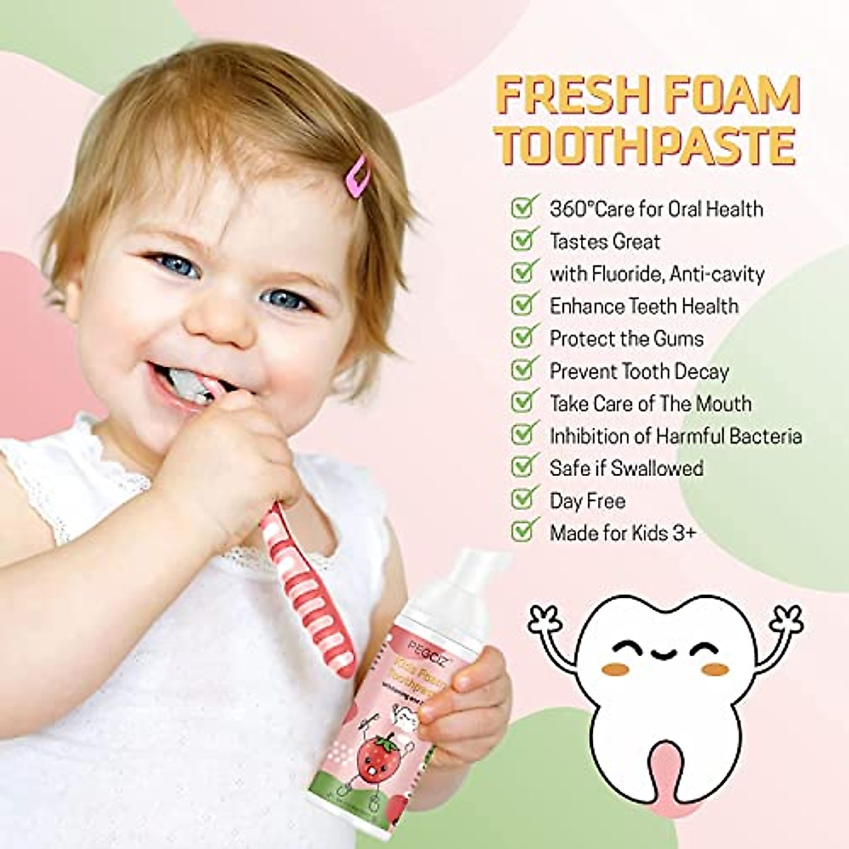 Kids Foam Toothpaste with Low Fluoride,Toddler Anti-Cavity Foaming Toothpaste for U Shaped Toothbrush Electric Toothbrush for Children Kids Ages 3 Plus Strawberry Flavor,60ml(2.11 fl oz)