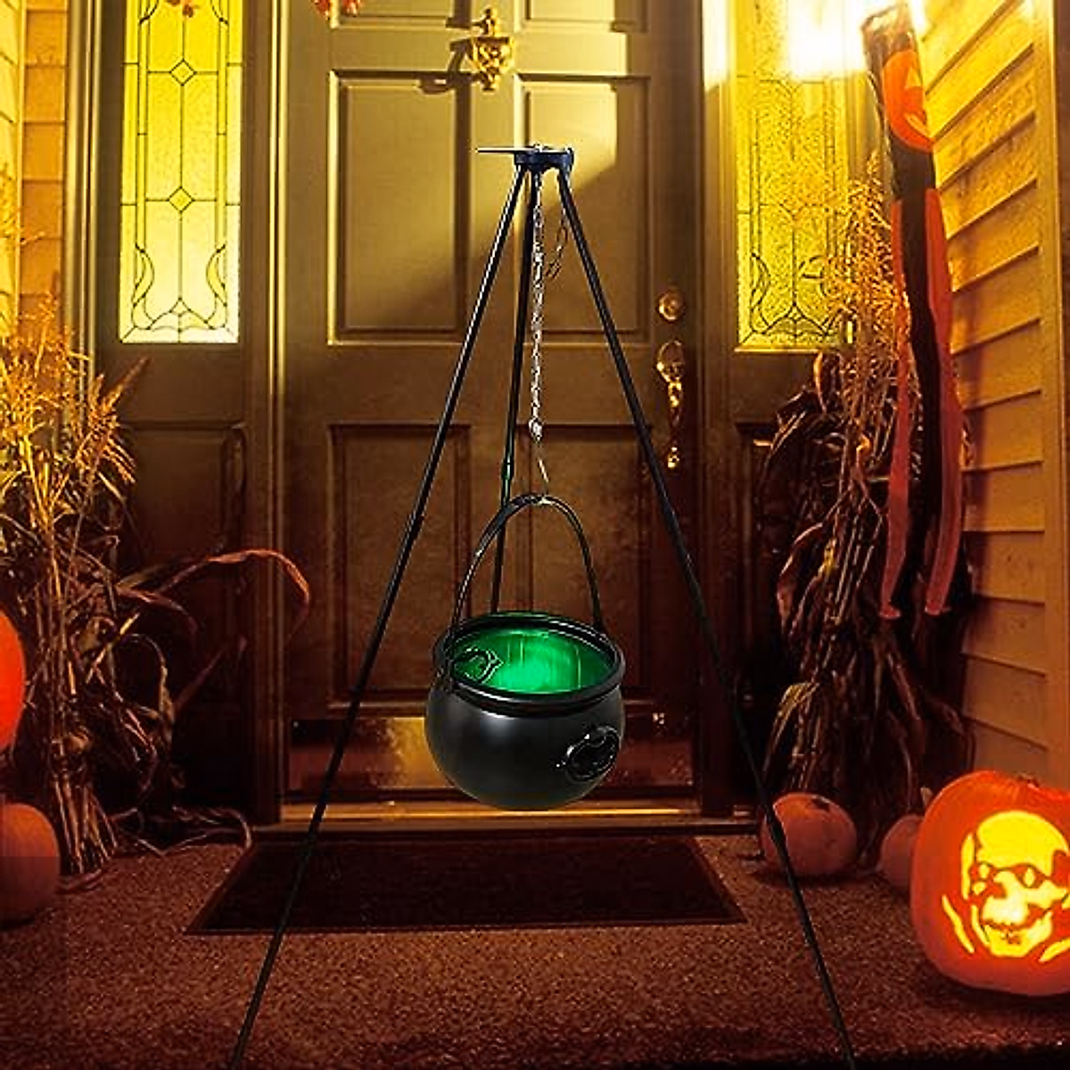 Sarkoyar Halloween Decor Outdoor,Witches Cauldron on Tripod with Green Light,Black Plastic Bowl Decor,Hocus Pocus Candy Bucket Decor for Home Patio Garden Lawn Outside Black