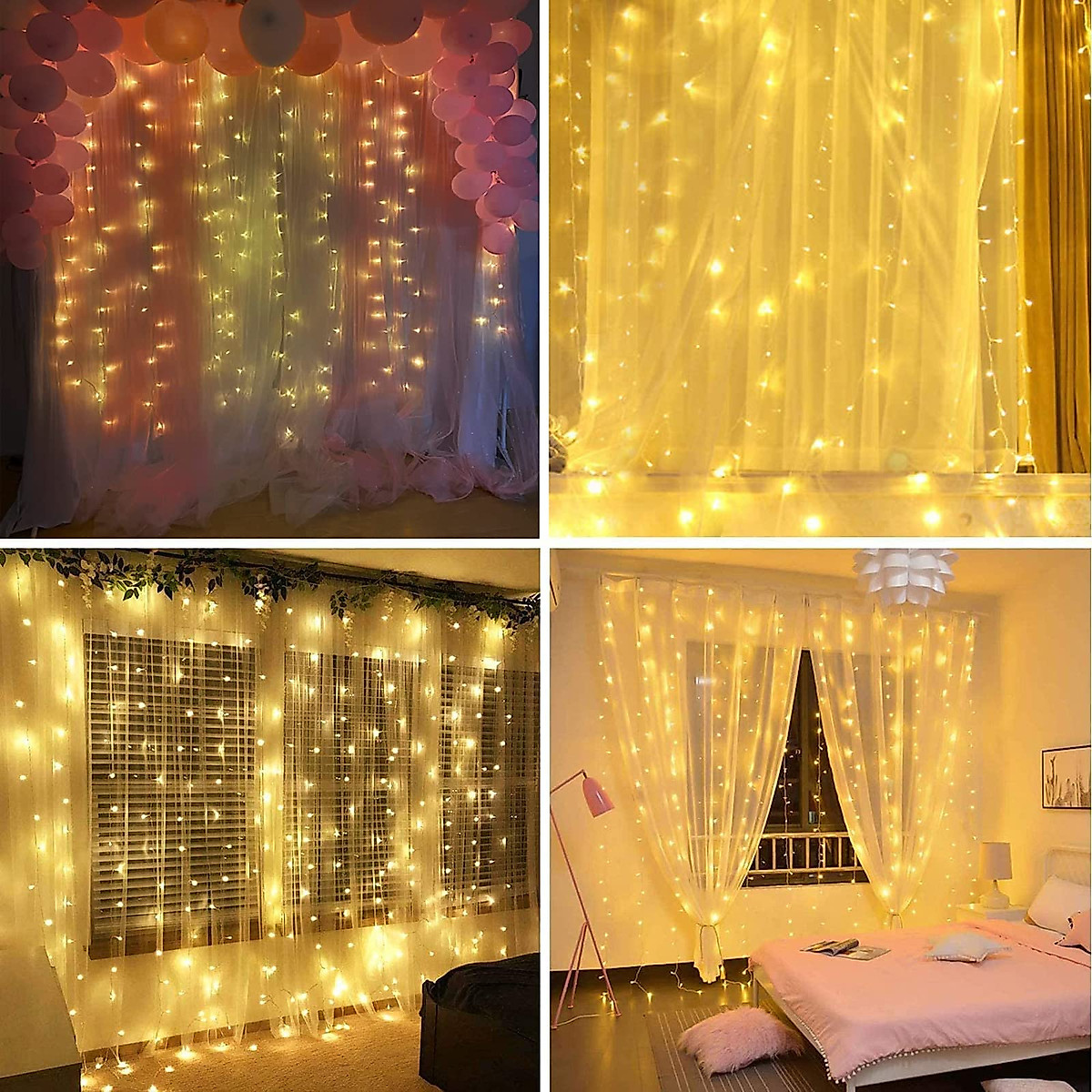LED Curtain Lights, 8 Modes Warm White Window String Lights Wall Decorations for Bedroom Christmas Decor, Room, Party, Garden