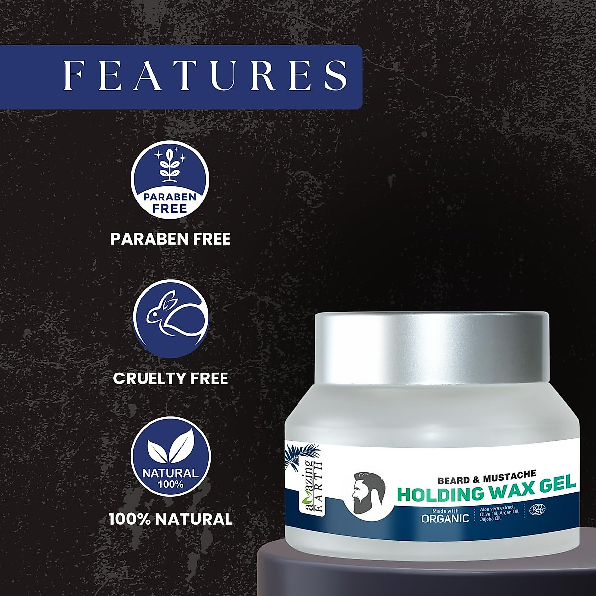 AMAzing Earth Beard & Mustache Holding Wax Gel for Men - Certified Organic, Strong Hold, Styling, Argan Oil, Chemical Free, 100% Vegan & Cruelty Free - 50gm