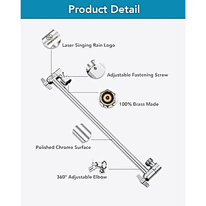 15 Inch Extra Long Adjustable Shower Head Extension Arm With Locking Set Screw, Singing Rain Solid Brass Chrome Finish Angle Height Adjustable, Easy To Install, G1/2 Universal Connector Compatible