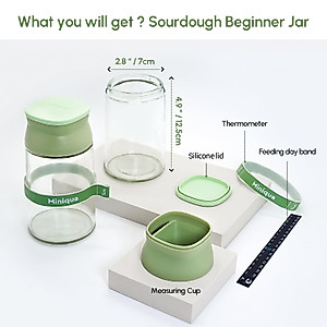 Miniqua Sourdough Starter Jar With Date Marked Feeding Band,Thermometer Strip,Silicone Fermentation Lids,Build-in Measuring Cup,Sourdough Starter Kit for Sourdough Bread Baking(20Oz/560ml)