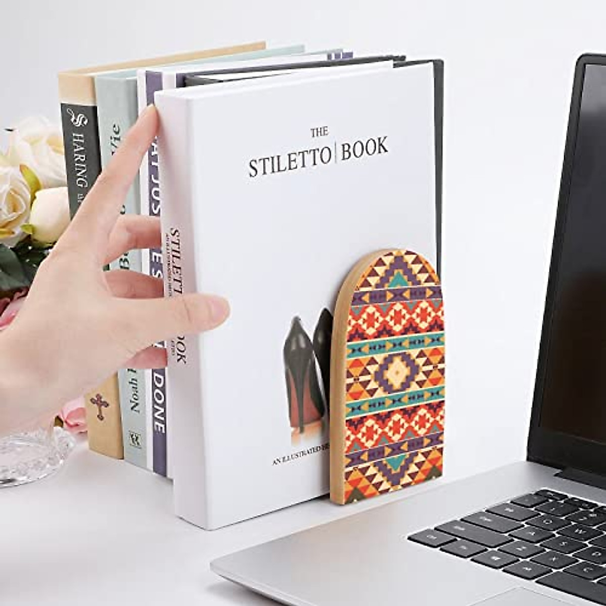 Colorful Aztec Pattern Wood Book Ends for Shelves Non-Skid Bookend Book Stand Book Holder Stopper for Home Office School