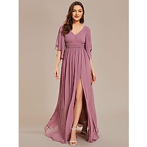 Ever-Pretty Women's V Neck A Line Split Half Sleeves Floor Length Chiffon Ball Gowns Orchid US16
