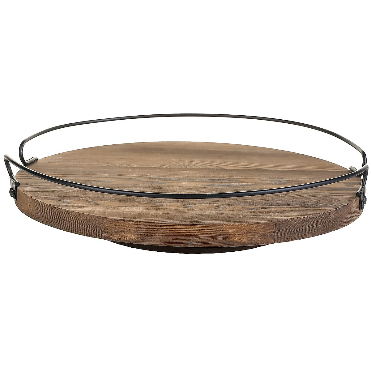 MyGift Rustic Burnt Solid Wood Round Lazy Susan Tray Turntable Serving Tray with Black Metal Wire Rim, Dining Table Condiment Tray