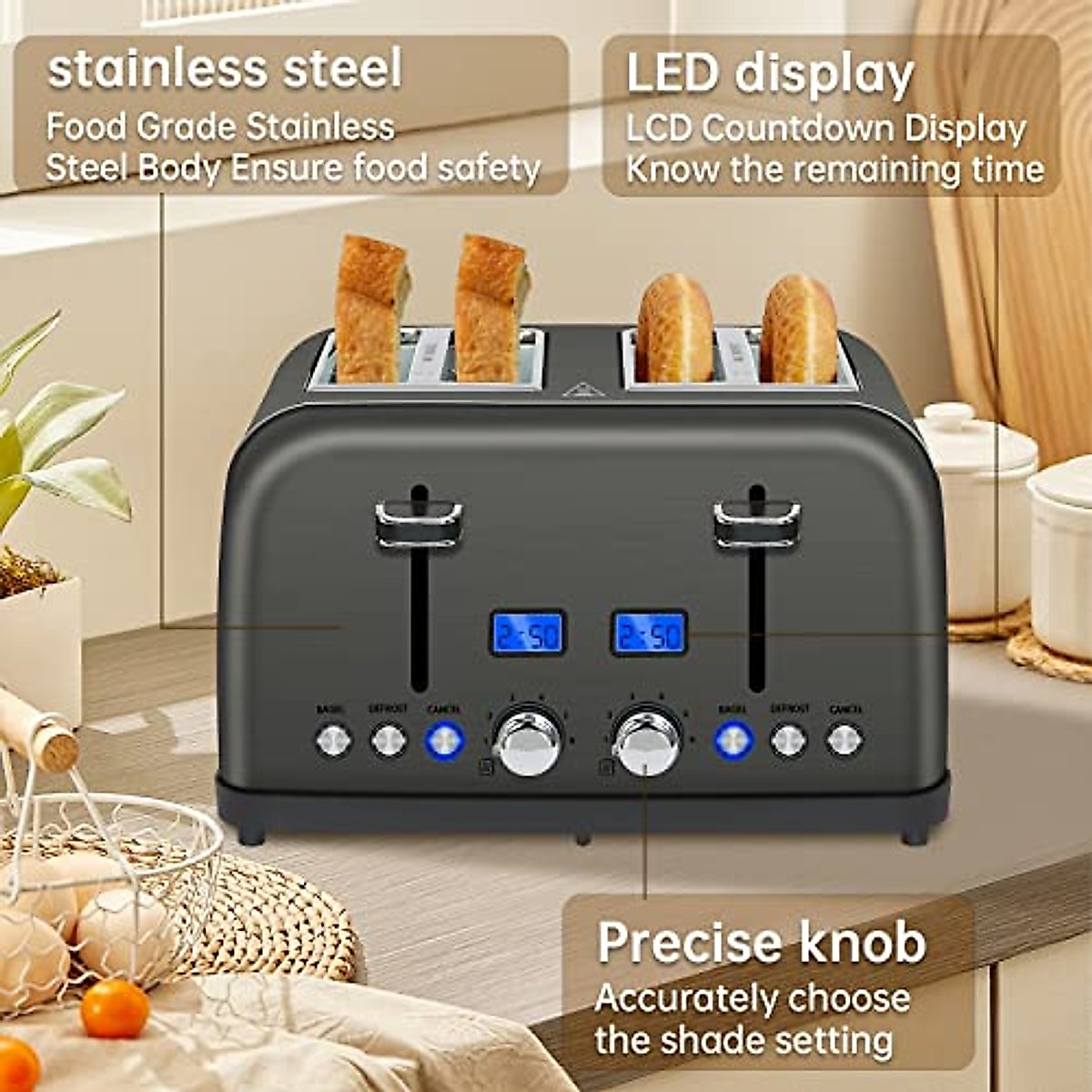 SEEDEEM Toaster 4 Slice, Bread Toaster with LCD Display, 6 Shade Settings Stainless Toaster, 1.5'' Wide Slots, Digital Toaster for Bagel, Defrost, Reheat, Dual Control, Removable Crumb Tray, 1500W, Dark Metallic