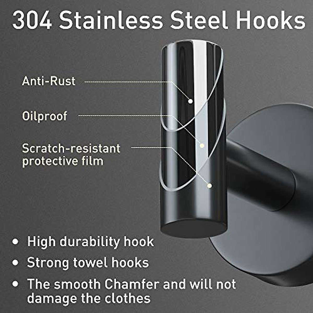 YAKAON Matte Black Towel Coat Hooks for Bathroom, SUS 304 Stainless Steel Single Towel/Robe Clothes Hook, Contemporary Hotel Style Wall Mounted 2 Pack