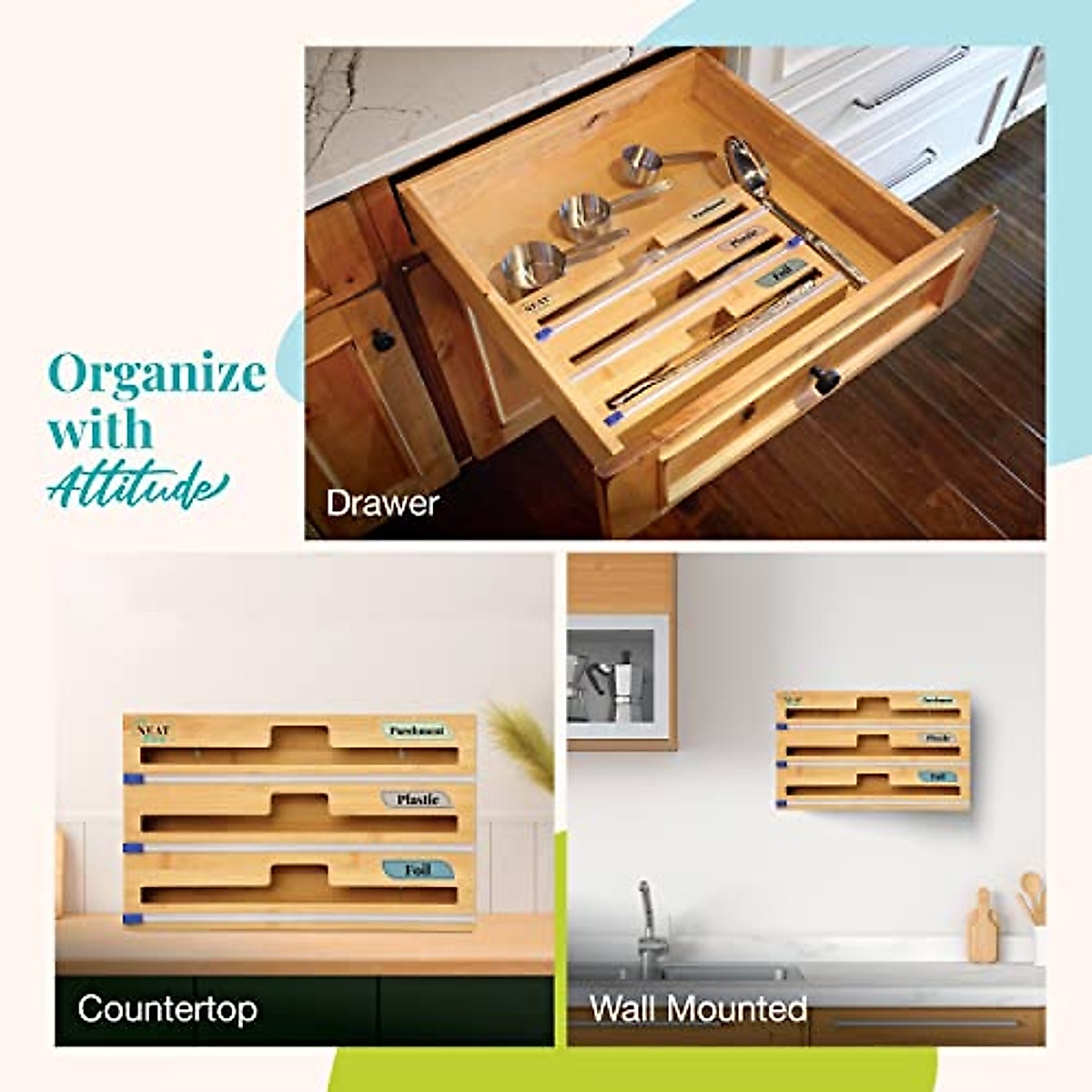 Neat Diva 12" Bamboo Foil Plastic Wrap Organizer Cutter, Plastic Wrap Dispenser Cutter, Tin Foil Organizer Drawer, Bamboo Aluminum Foil Dispenser Cutter, Kitchen Organizer Foil Plastic Wrap (3-in-1)