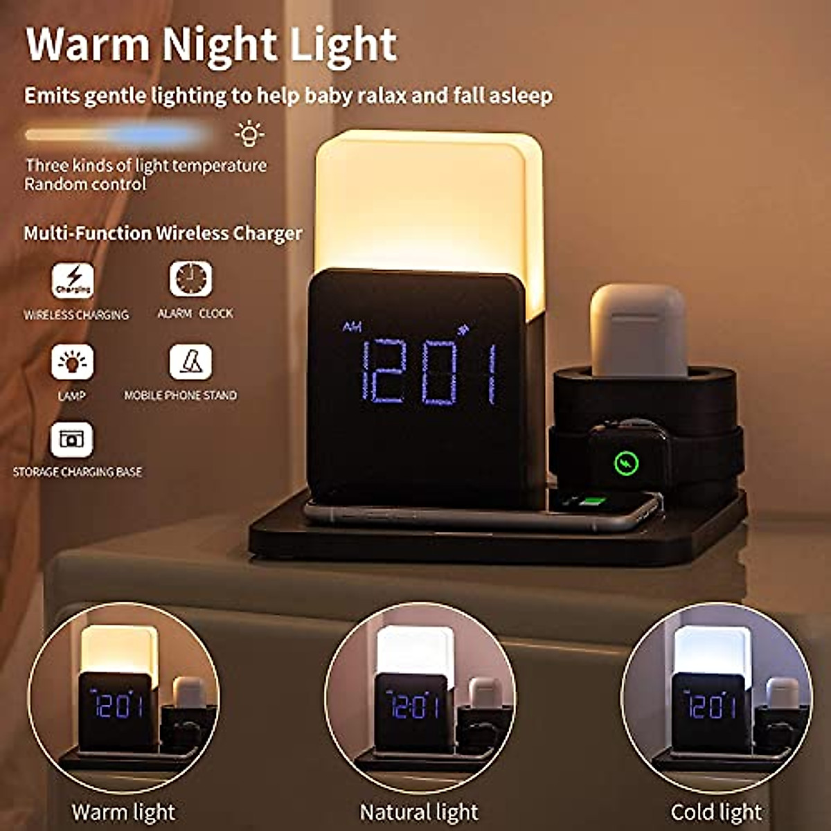 Wireless Charger,3 in 1 Fast Charging Station with Digital Alarm Clock and Night Light,Compatible for iPhone 13/13 Pro/12/12Pro Max/11 Series/XS Mas/XR/XS/8/8 Plus/iwatch/AirPods/Samsung Galaxy